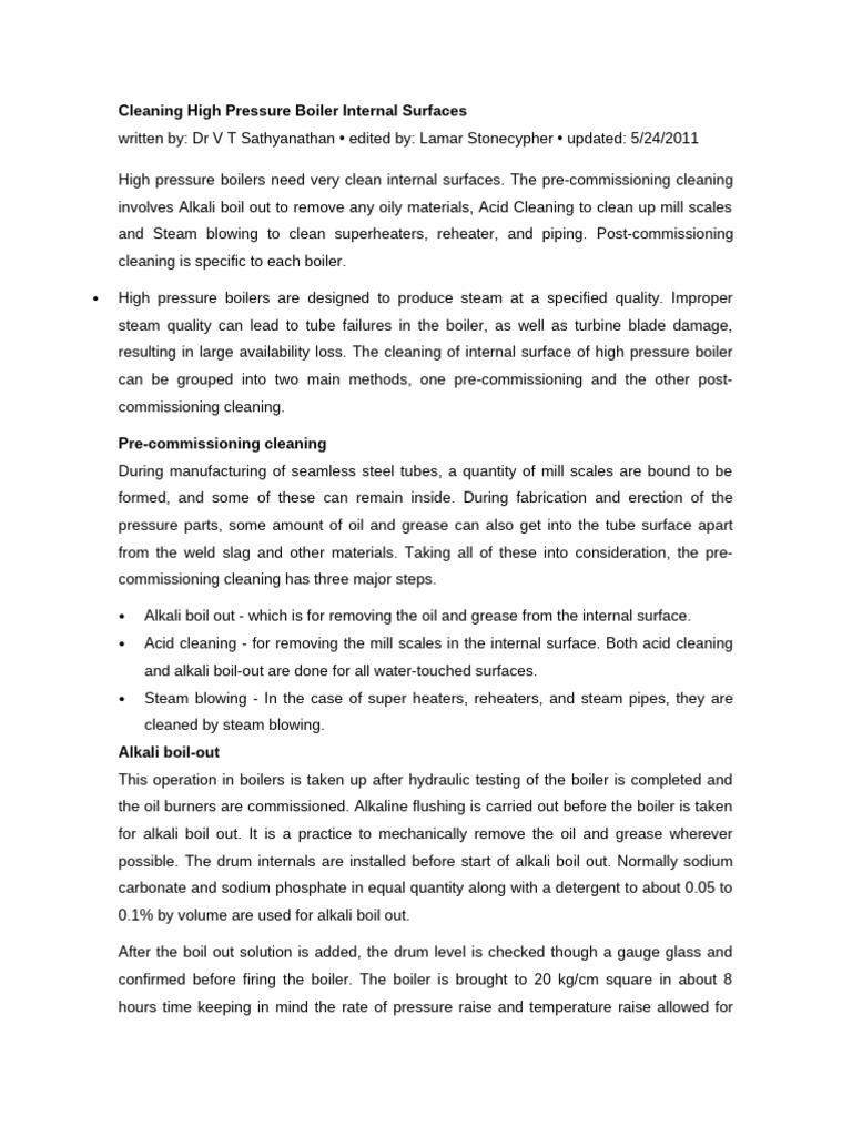 Cleaning High Pressure Boiler Internal Surfaces | PDF | Boiler | Steam