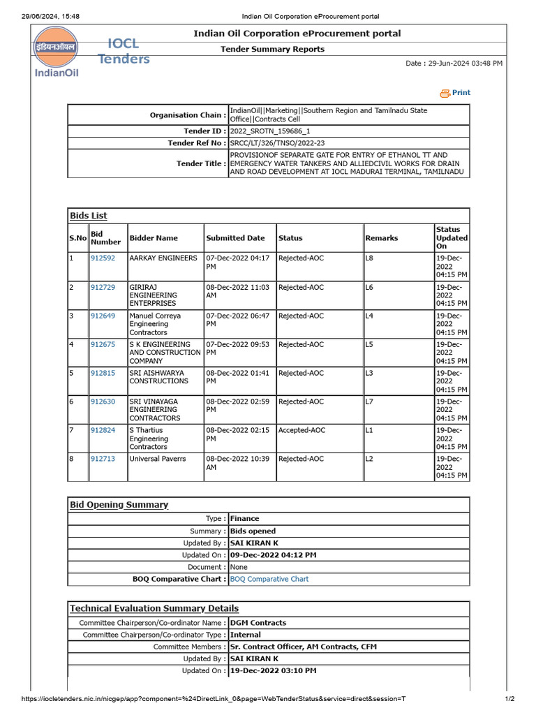 Indian Oil Corporation Eprocurement Portal: Bids List | PDF | Business