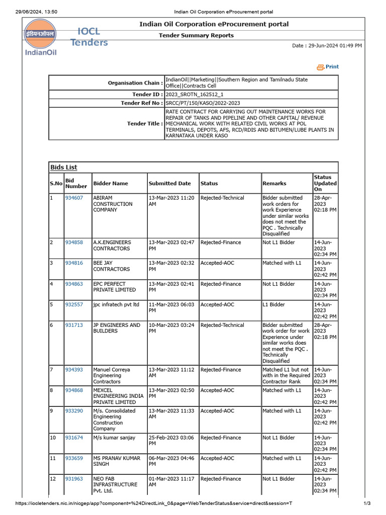 IOCL Karnataka Maintenance Tender Summary | PDF | Supply Chain ...