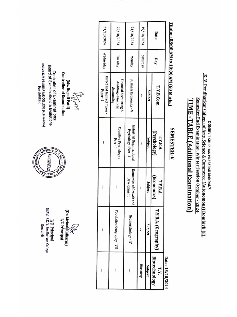 Additional Exam Winter Session 2024 Time Table | PDF