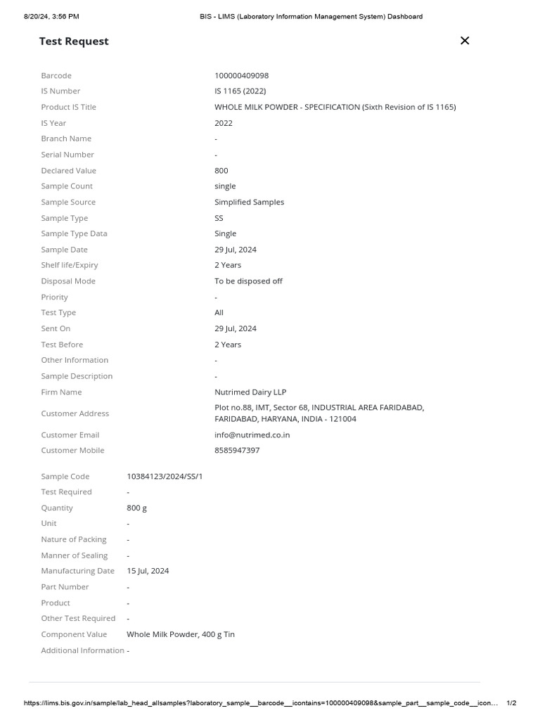 LIMS Dashboard for Whole Milk Powder | PDF | Computing
