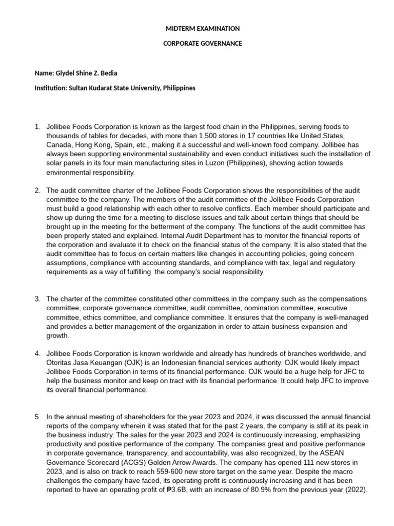 Midtem Exam - Corporate Governance | PDF | Audit Committee | Audit