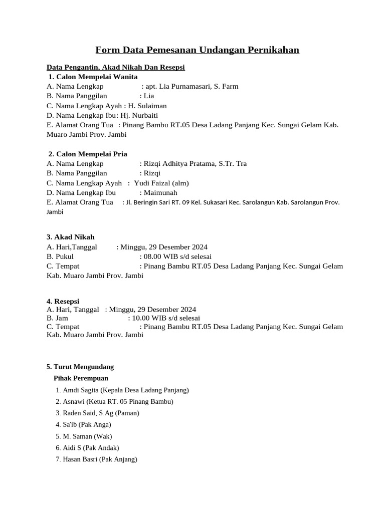 Form Data Pemesanan Undangan Pernikahan | PDF