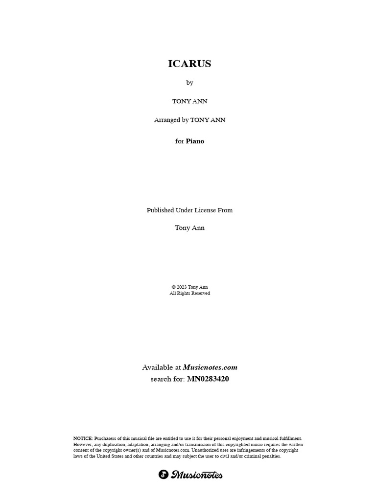 Tony Ann - ICARUS - Sheet Music (Piano Solo) in C Minor - Download & Print - SKU - MN0283420 ...