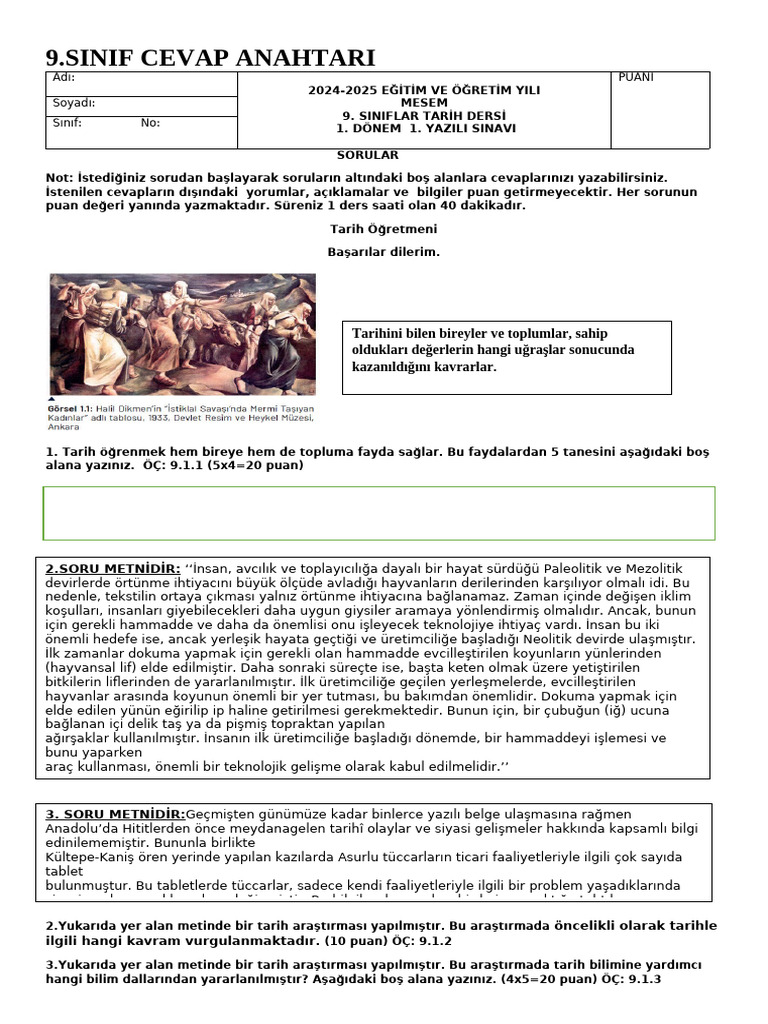2025 Mesem 9. Siniflar Tari̇h 1. Dönem 1.yazili Cevaplari | PDF