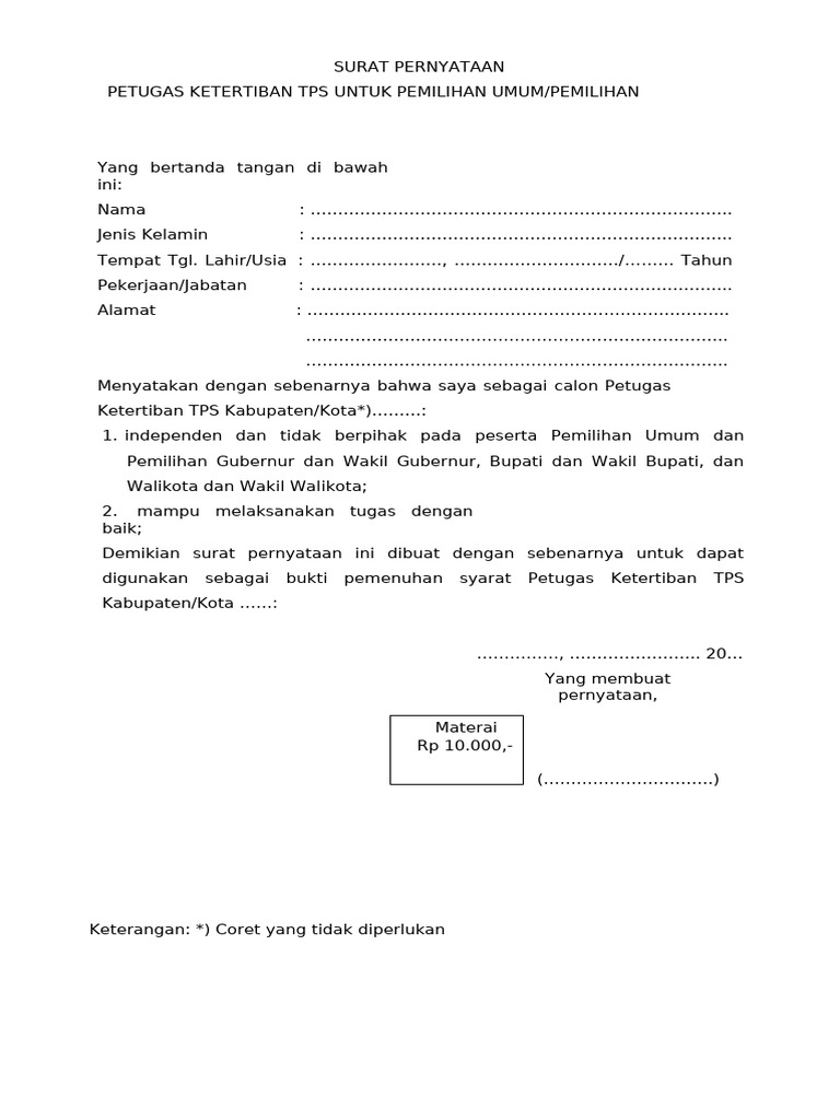 Format Surat Pernyataan Pam TPS | PDF