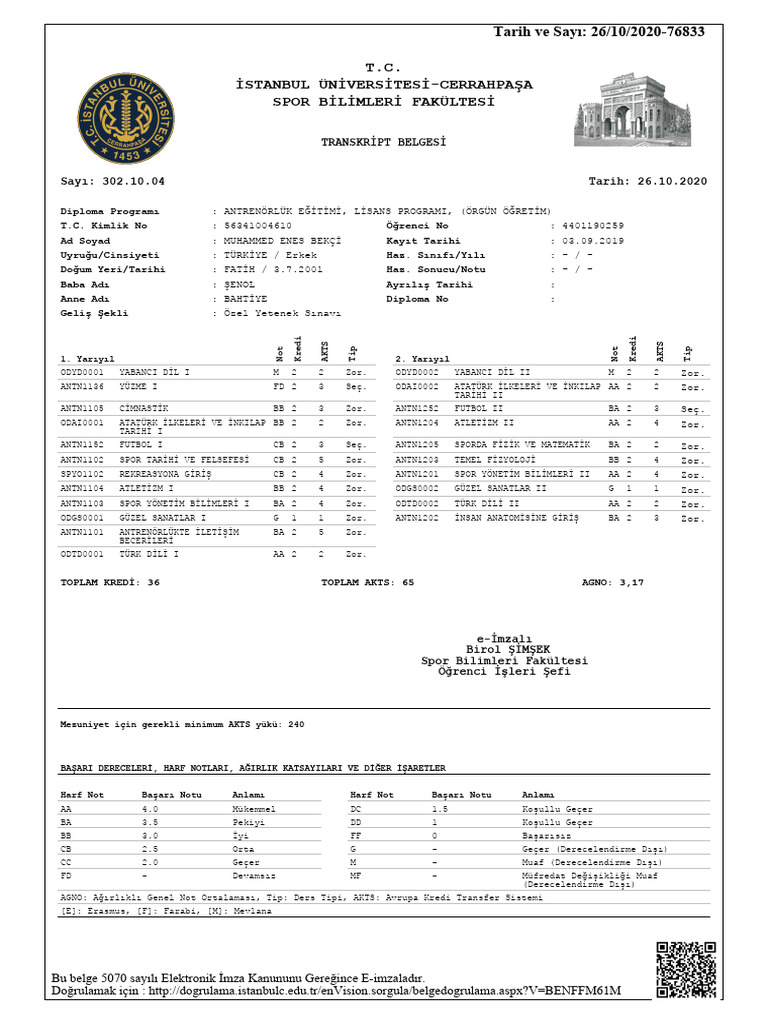 Transkript Belgesi - 13506890 | PDF