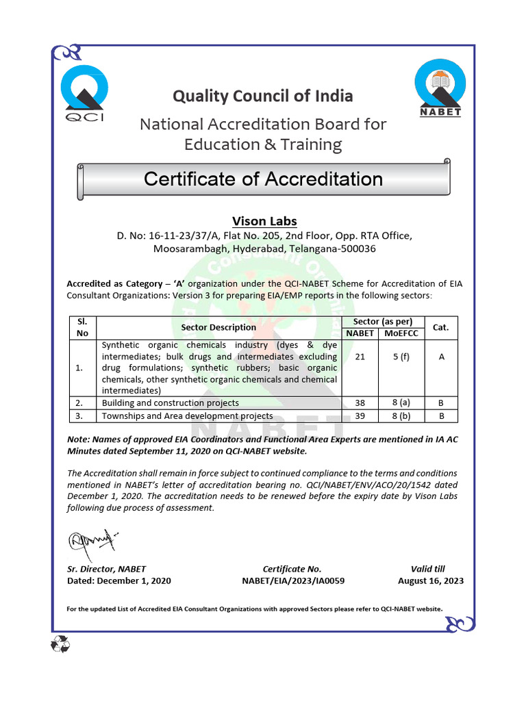 Vison Labs EIA Accreditation Certificate | PDF