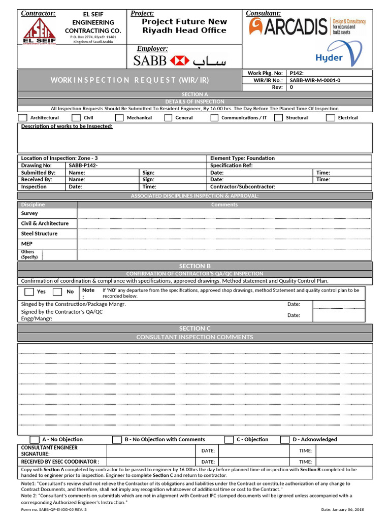 Form No. SABB-QF-ENGG-05 Rev.3 - Work Inspection Request (IR) Form ...
