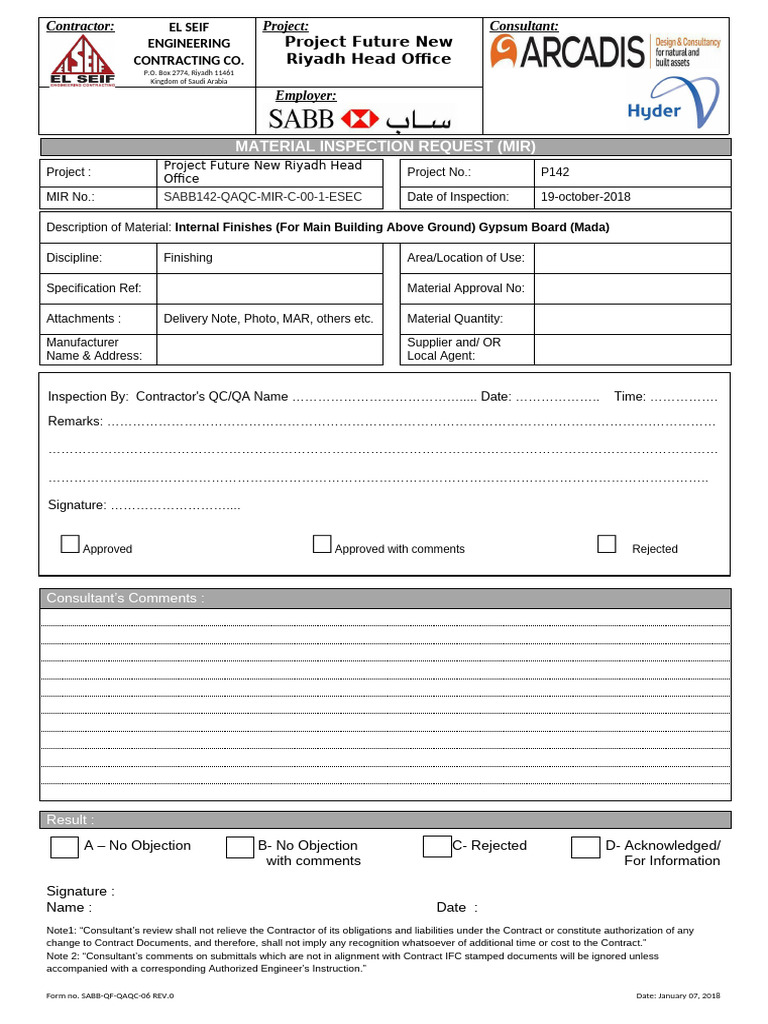 Form No. SABB-QF-QAQC-07 Rev.0 - Material Inspection Request (MIR ...