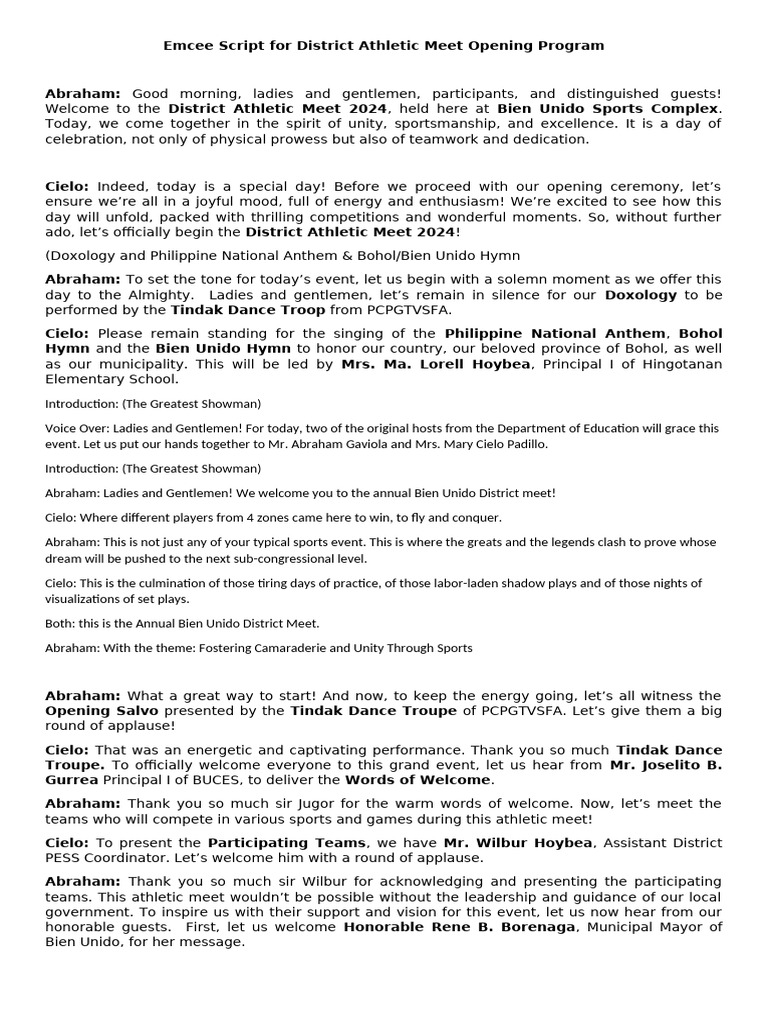 Hosting Script For District Athletic Meet | PDF | Sports & Recreation