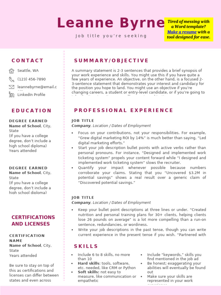 Pretty in Pink Word Resume Template | PDF | Résumé | Languages