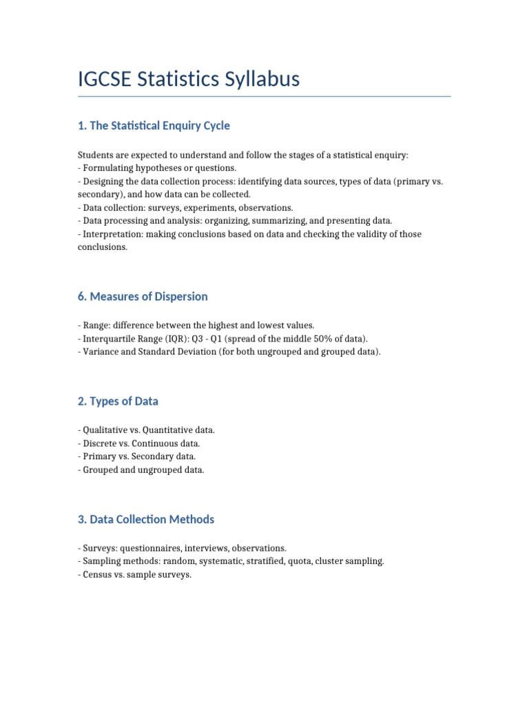 IGCSE Statistics Syllabus | PDF | Mean | Statistics