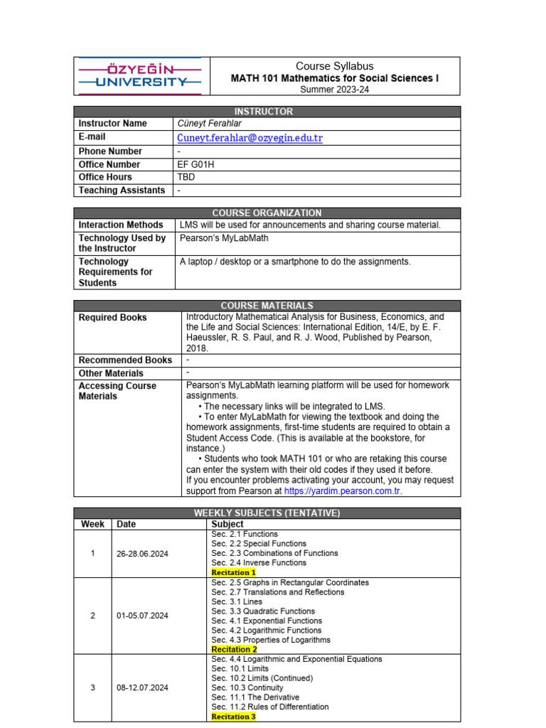 MATH101 Syllabus 2024 Summer EN.pdf | PDF | Integral | Derivative MATH101 Syllabus 2024 Summer EN.pdf | PDF | Integral | Derivative