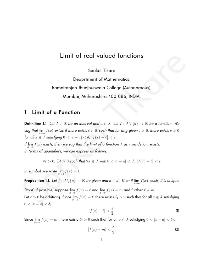 Limit Of Functions 1 Pdf Limit Mathematics Mathematics