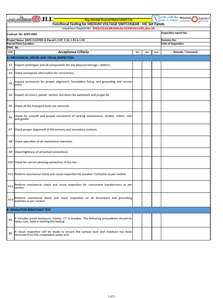 C. ST1 - Testing For MV SWGR Checklist | PDF | Electrical Resistance ...