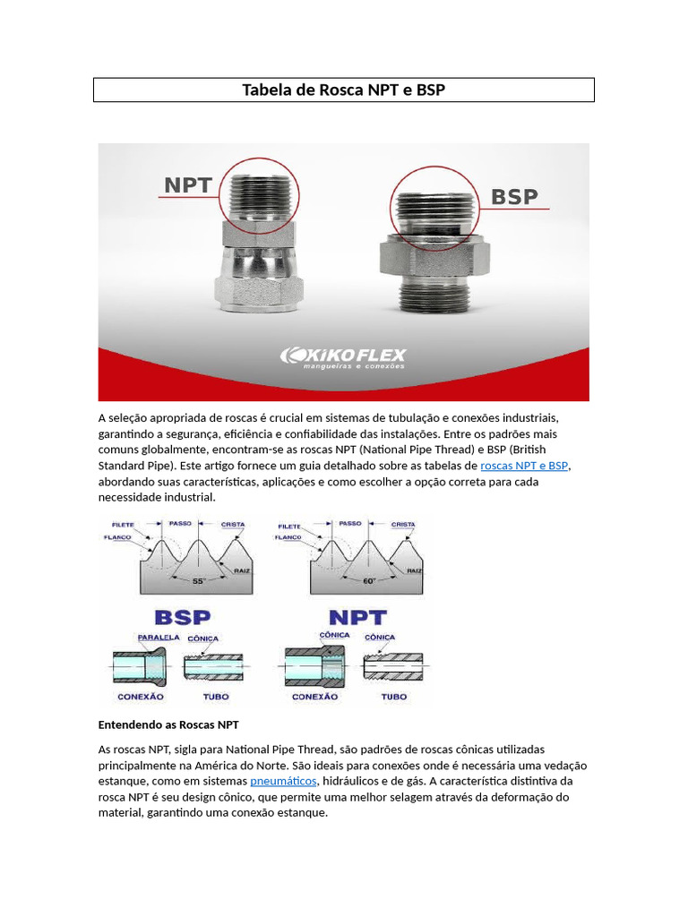 ROSCAS BSP e NPT - Características para Seleção | PDF | Diâmetro