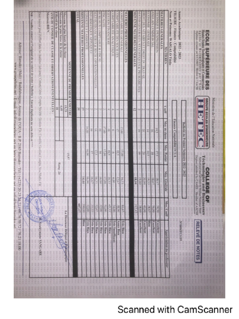 Bulletin de Notes 1er Semestre | PDF