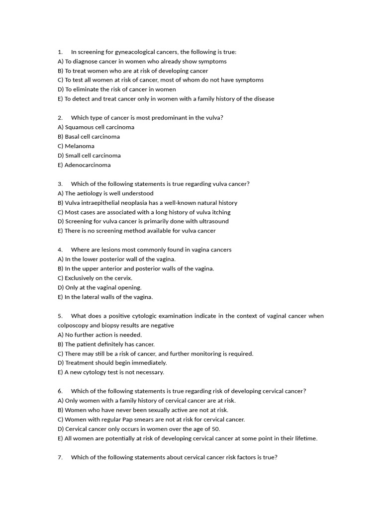 MCQ Screening For Gynea Cancers | PDF | Cervical Cancer | Cytopathology