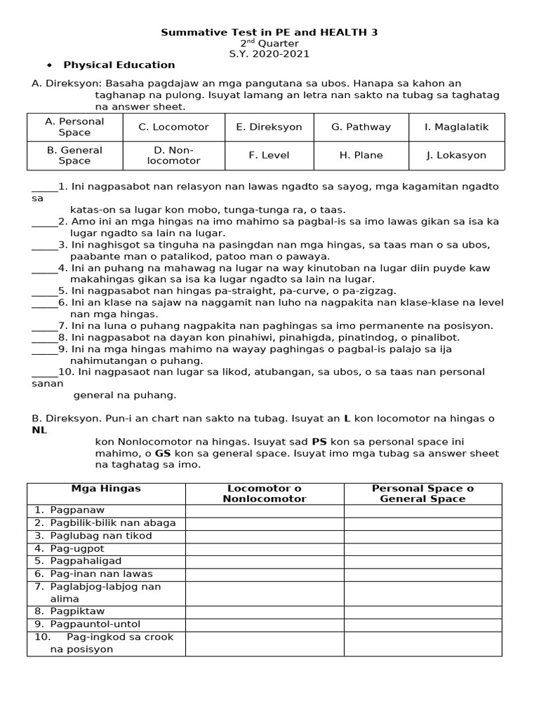 Summative Test in PE and HEALTH 3 | PDF