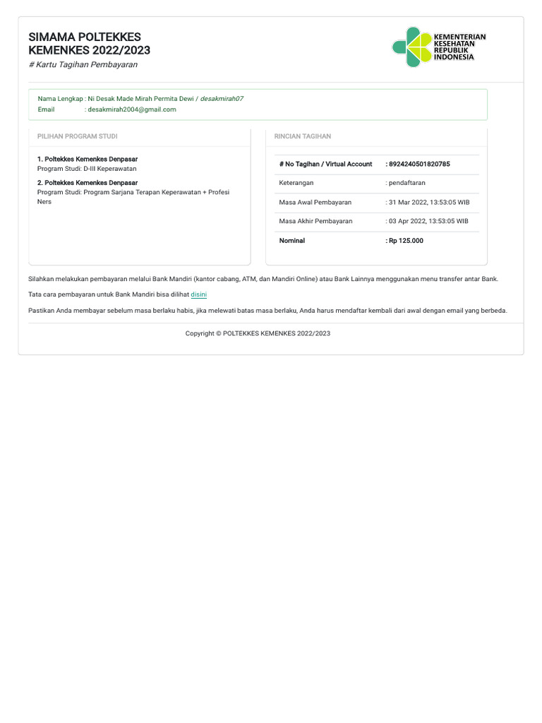 Panduan Pembayaran SIMAMA Poltekkes | PDF