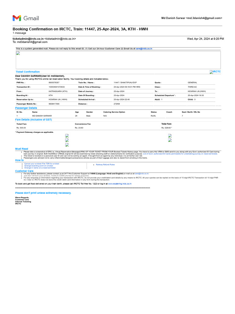 Gmail - Booking Confirmation On IRCTC, Train - 11447, 25-Apr-2024, 3A, KTH - HWH | PDF | Service ...