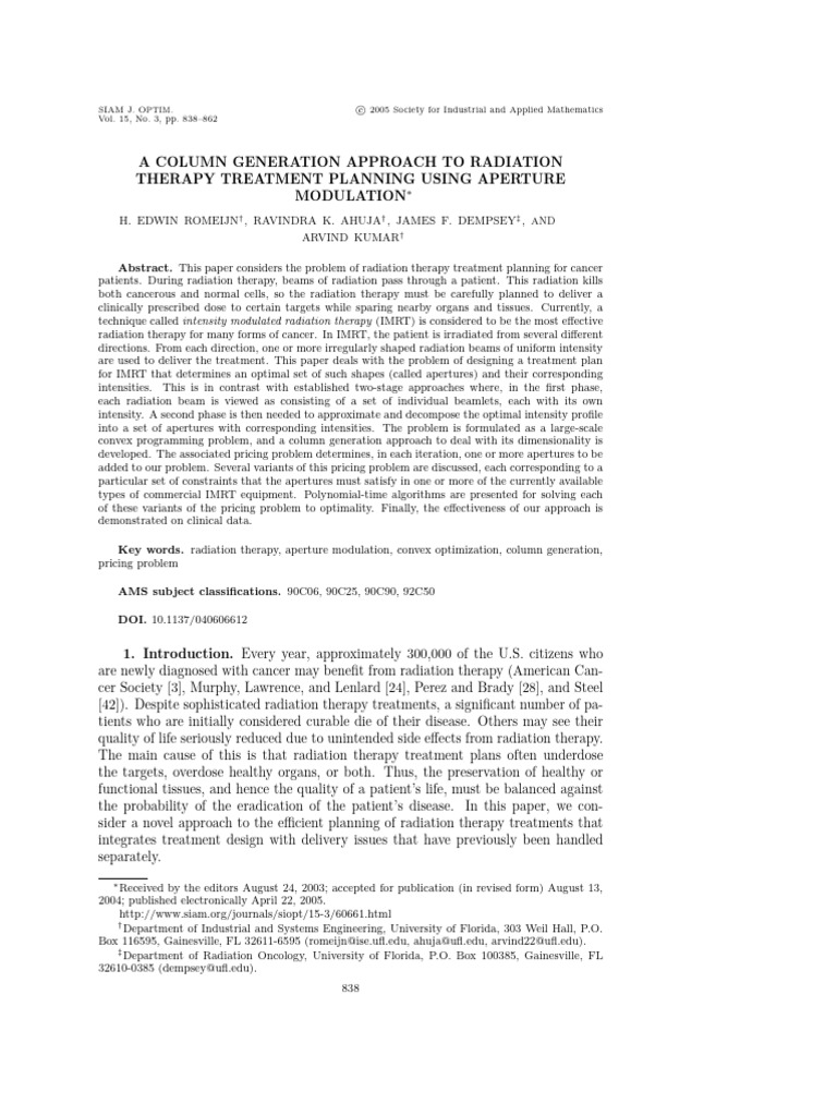 A Column Generation Approach To Radiation Therapy Treatment Planning Using Aperture Modulation ...