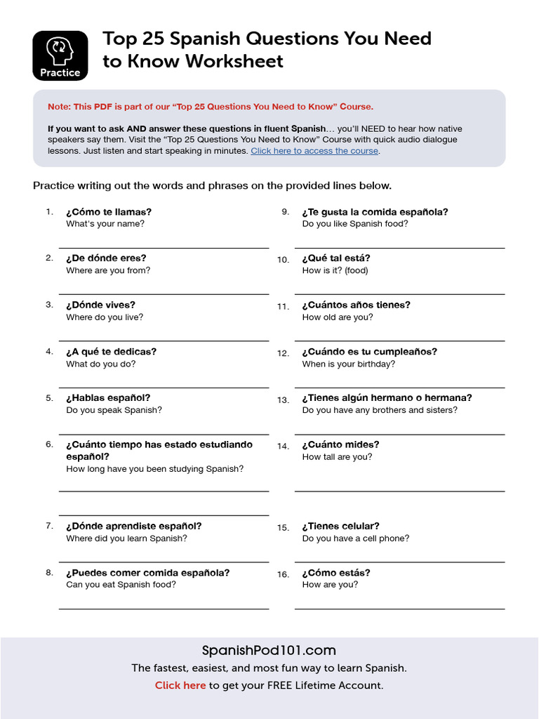 Spanish Top25 Worksheet | PDF | Linguistics