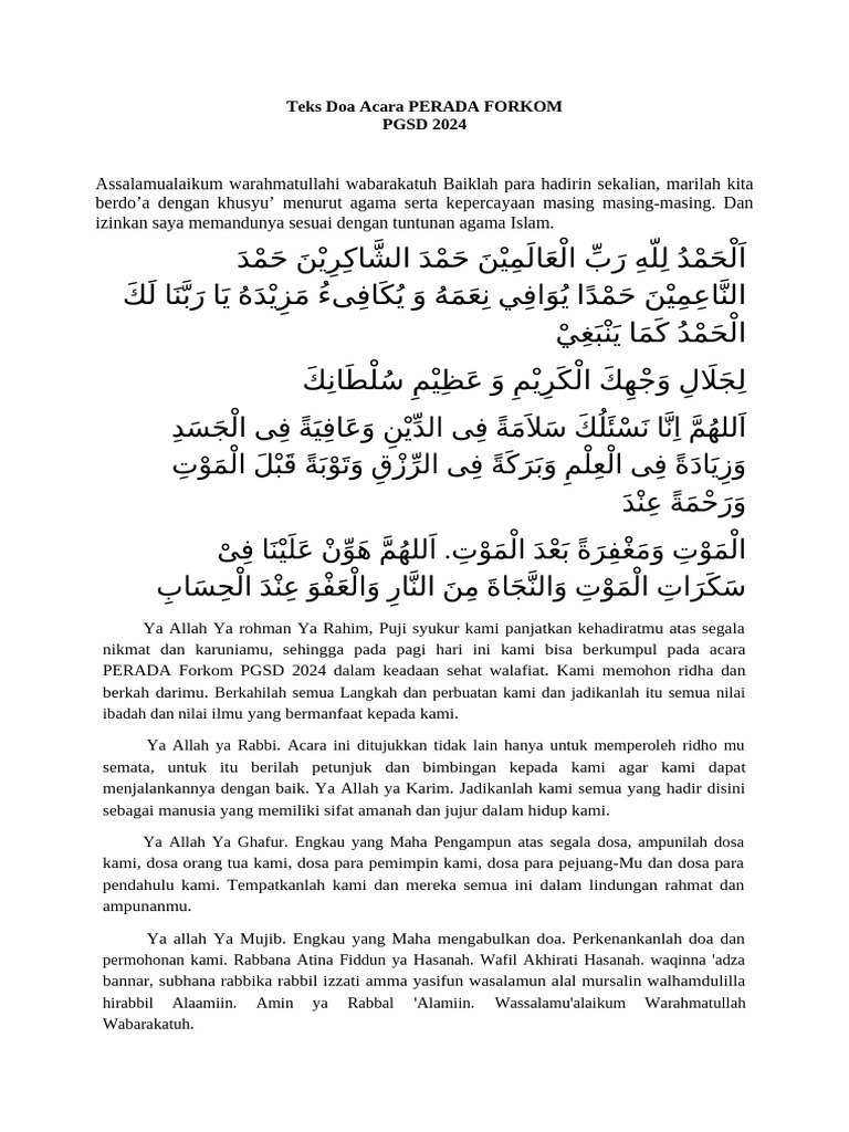 Teks Doa Acara PERADA FORKOM PGSD 2024 | PDF | Kajian Bahasa Asing | Agama & Spiritualitas