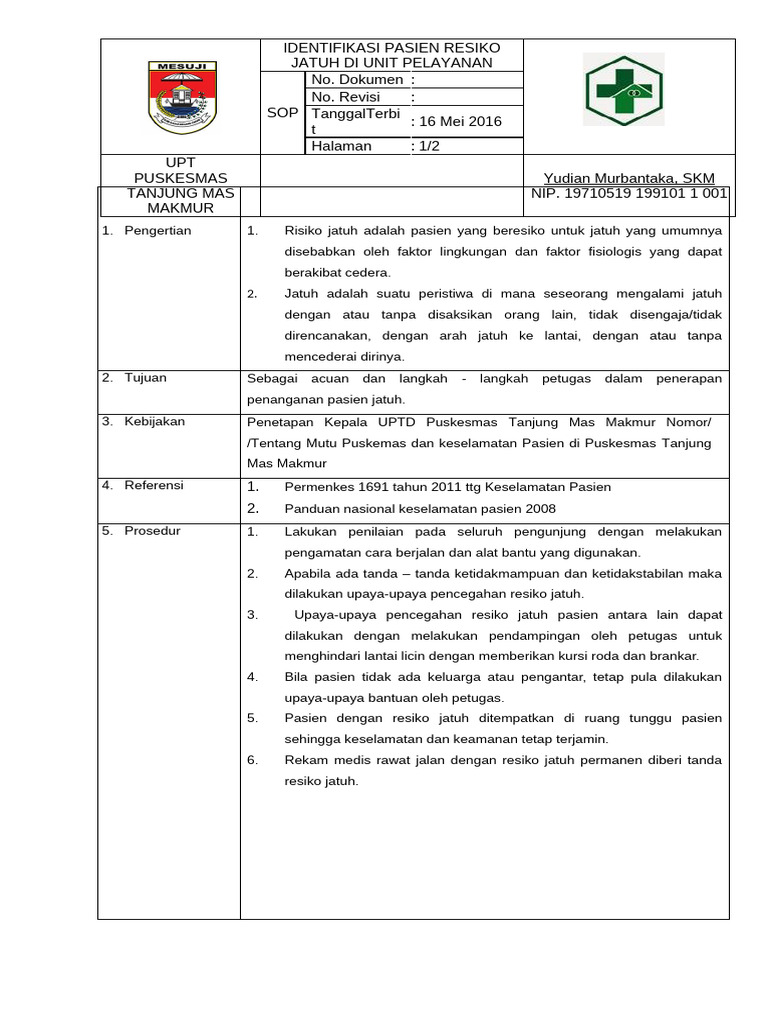 Sop 5 Identifikasi Pasien Resiko Jatuh Di Unit Pelayanan Rawat Jalan | PDF