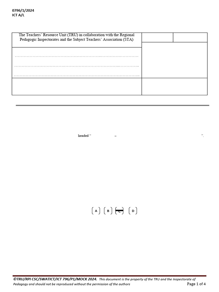 796 Ict P1 Mock Questions 2024 | PDF | Computer Memory | Computer Monitor