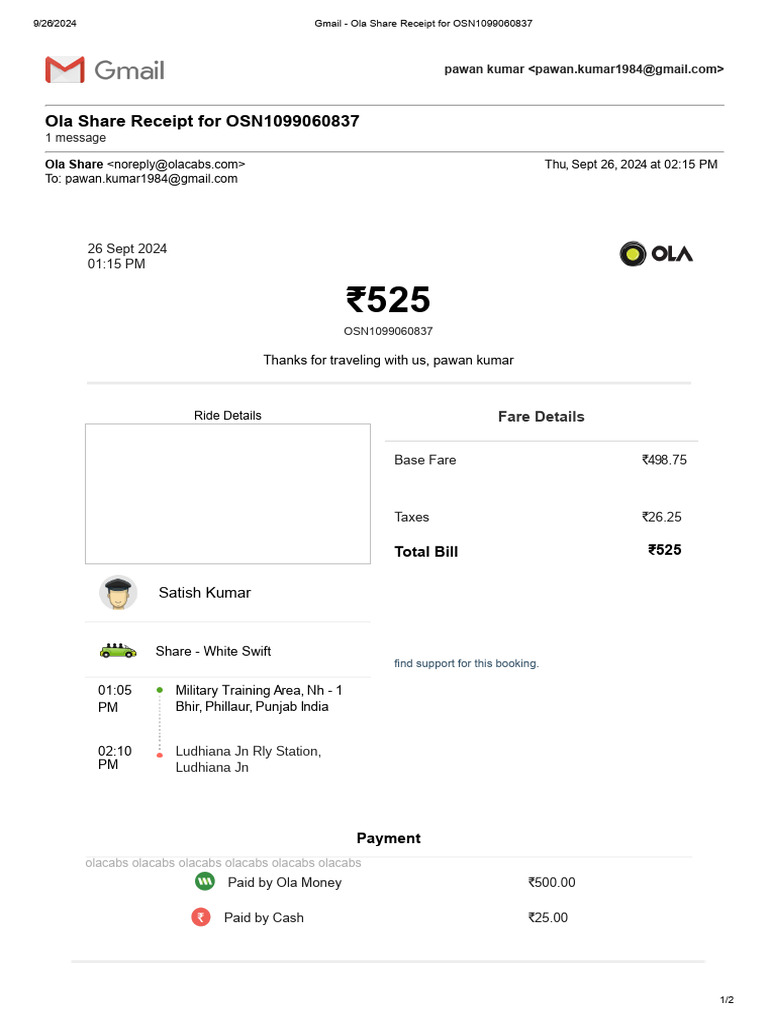 Ola Receipt For Phillur To LDH | PDF