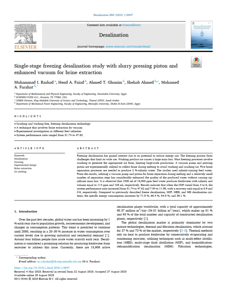 Freezing Desalination with Vacuum Brine Extraction | PDF | Desalination ...