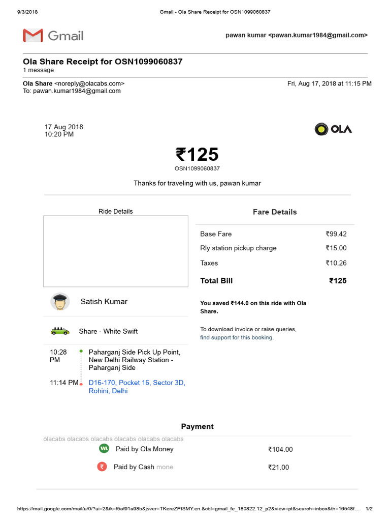 Gmail - Ola Share Receipt For Delhi Railway Station To Home | PDF