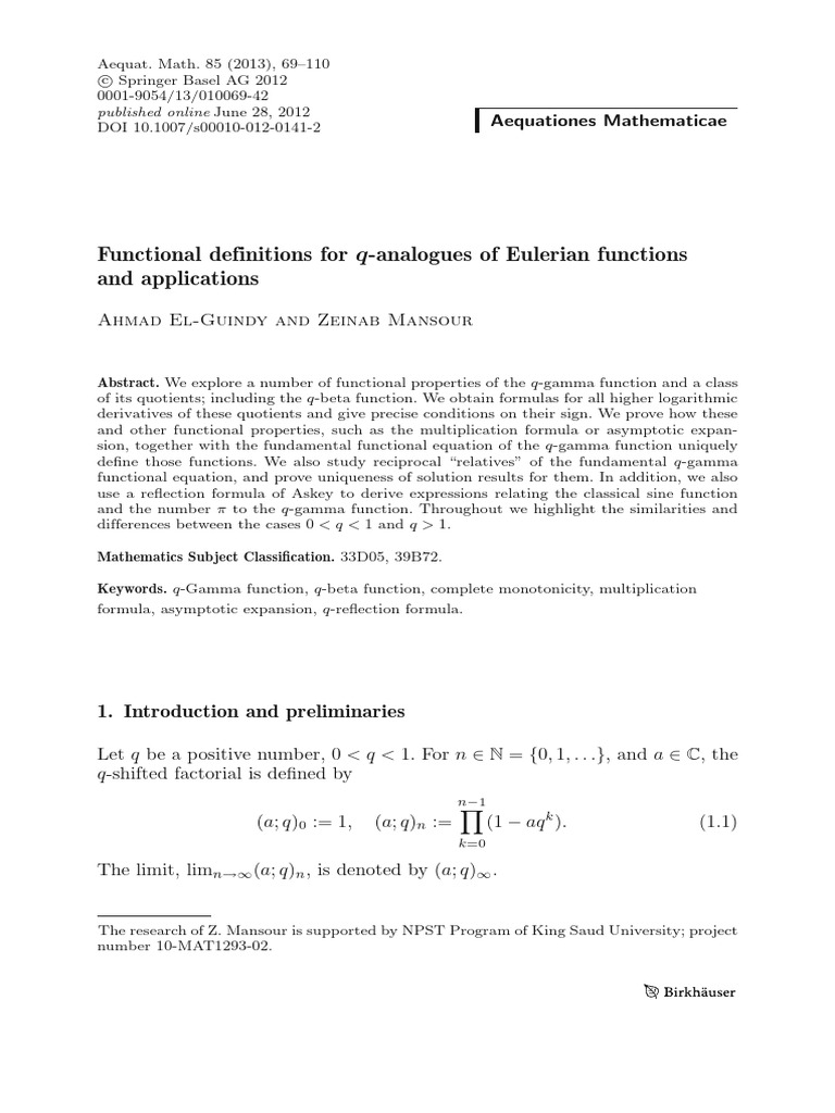 Functional Definitions For - Analogues of Eulerian Functions and Applications | PDF | Function ...
