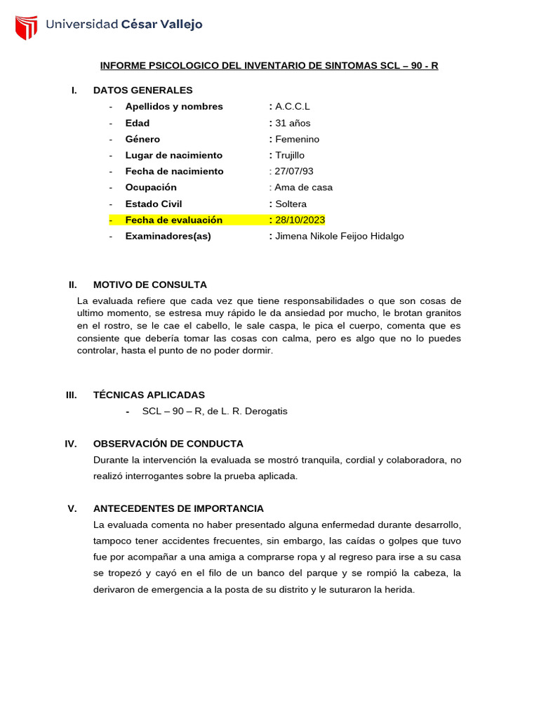 INFORME DE SCL - 90 - R | PDF | Ansiedad | Depresión (estado de ánimo)