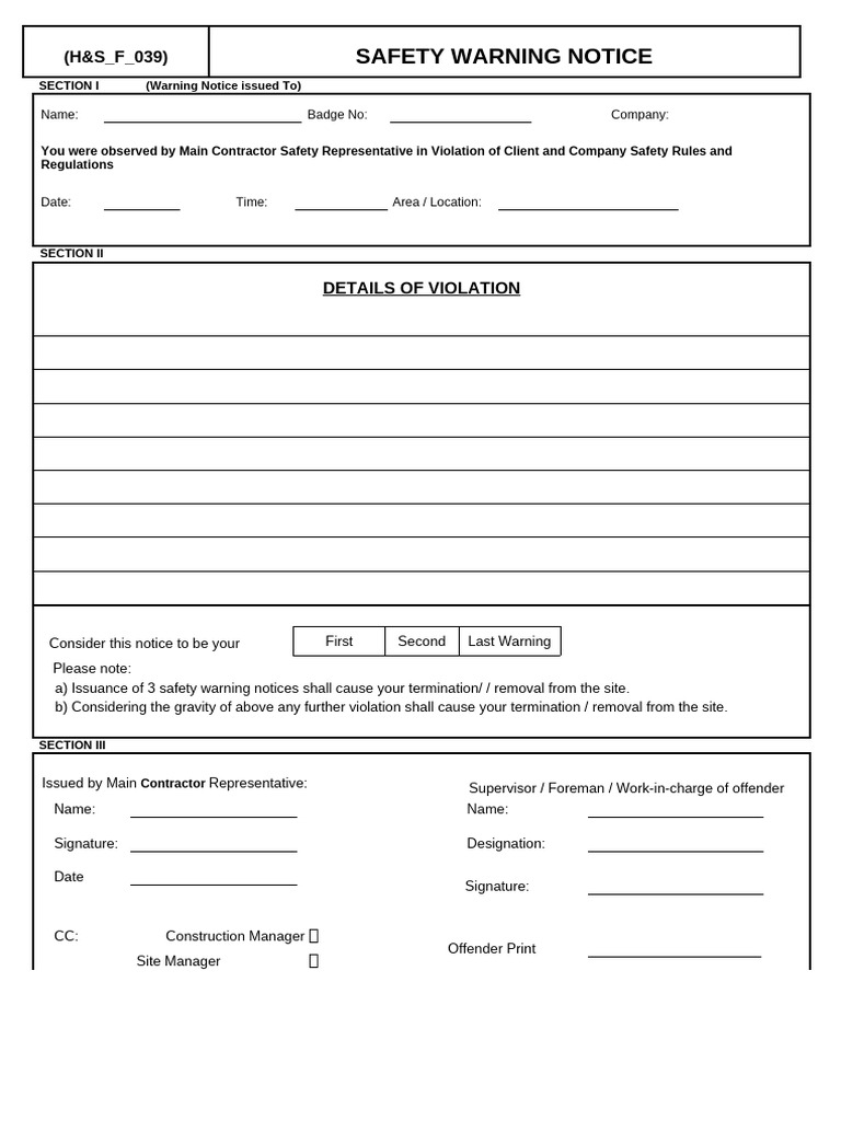 (H&S - F - 039) - Safety Warning Notice | PDF