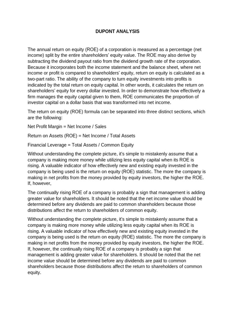 DuPont Analysis | PDF | Equity (Finance) | Return On Equity