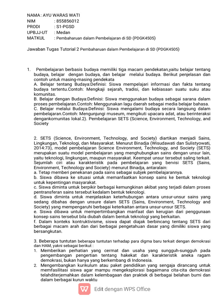 Tugas 2 Pembaharuan Pembelajaran Di SD - AYU WARAS WATI | PDF