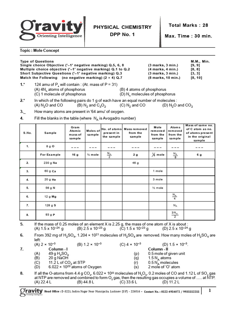 Mole Concept Practice Questions | PDF | Concentration | Nitric Acid