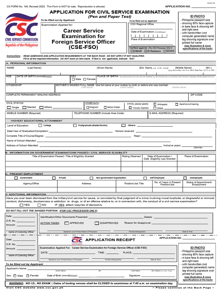 Annex A6 - CS Form 100 - Revised 2023 - FSO - A1 - Edited - A1 | PDF ...