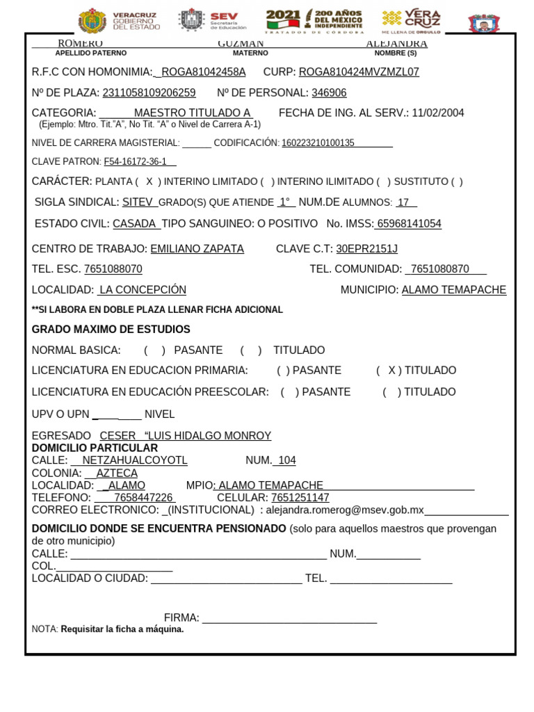 Ficha de Datos p. 2024-2025. Alejandra | PDF
