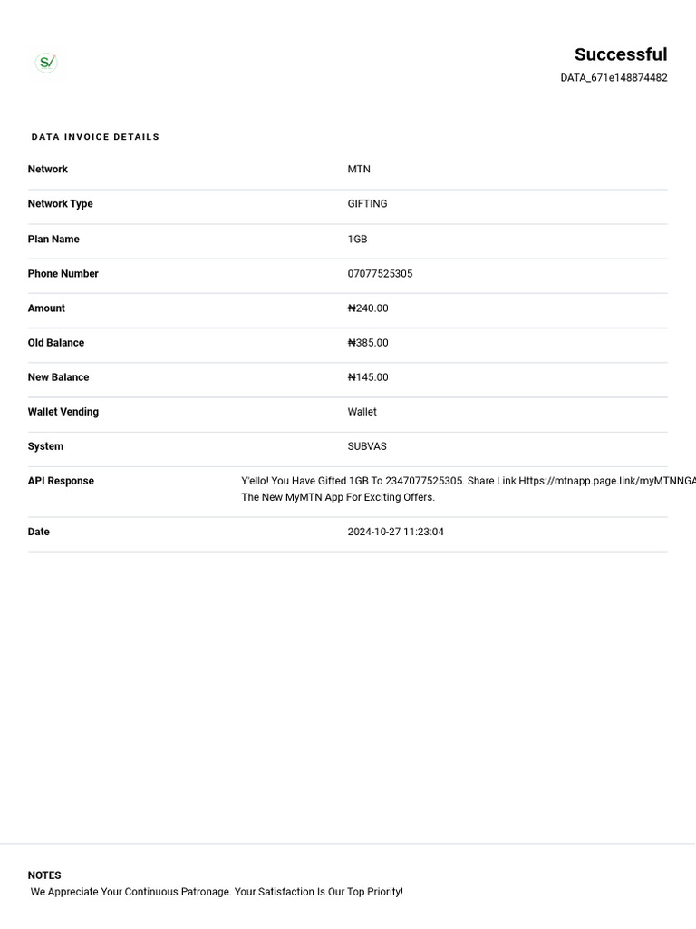 MTN Gifting 1GB Invoice Details | PDF