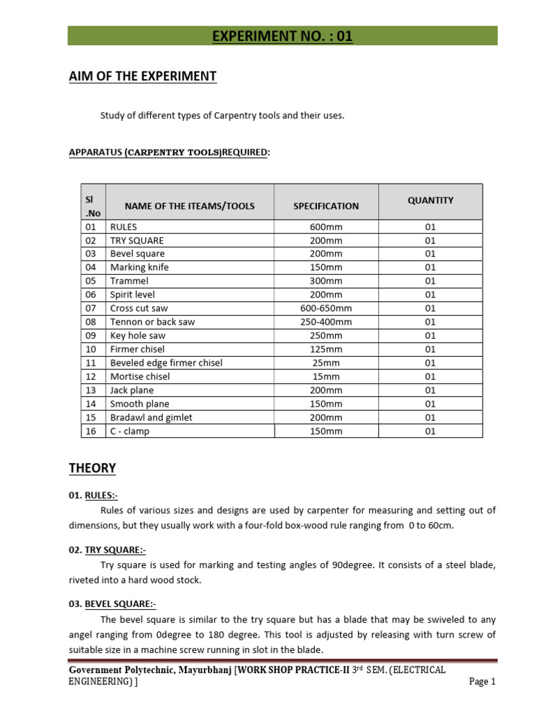 3rd Sem Electrical WORKSHOP Lab Manual | PDF | Lumber | Tools