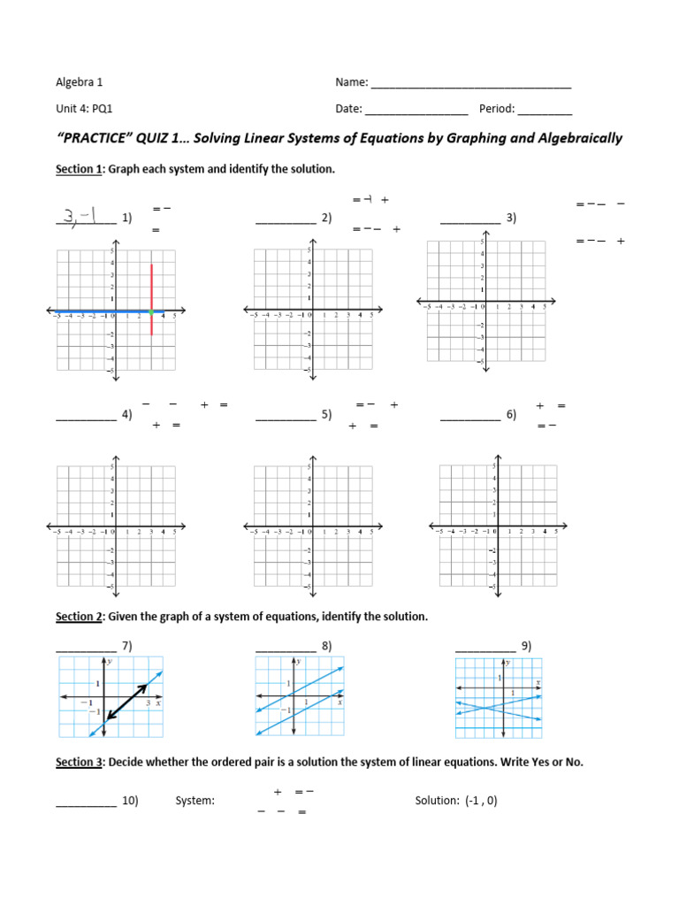 Algebra 1 - Unit 4 - Practice - Quiz 1 - Systems - All Methods | PDF ...