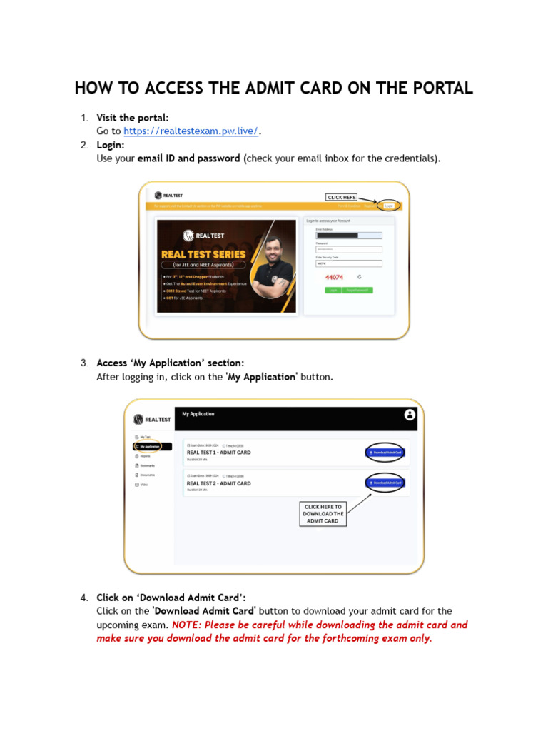 How To Access The Admit Card On The Portal: Visit The Portal: Login ...