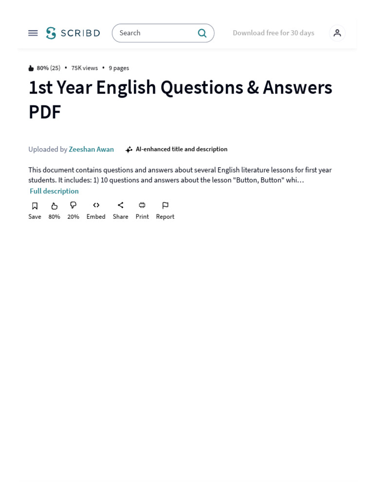 1st Year English Questions & Answers PDF - PDF - Plough | PDF | Scribd ...