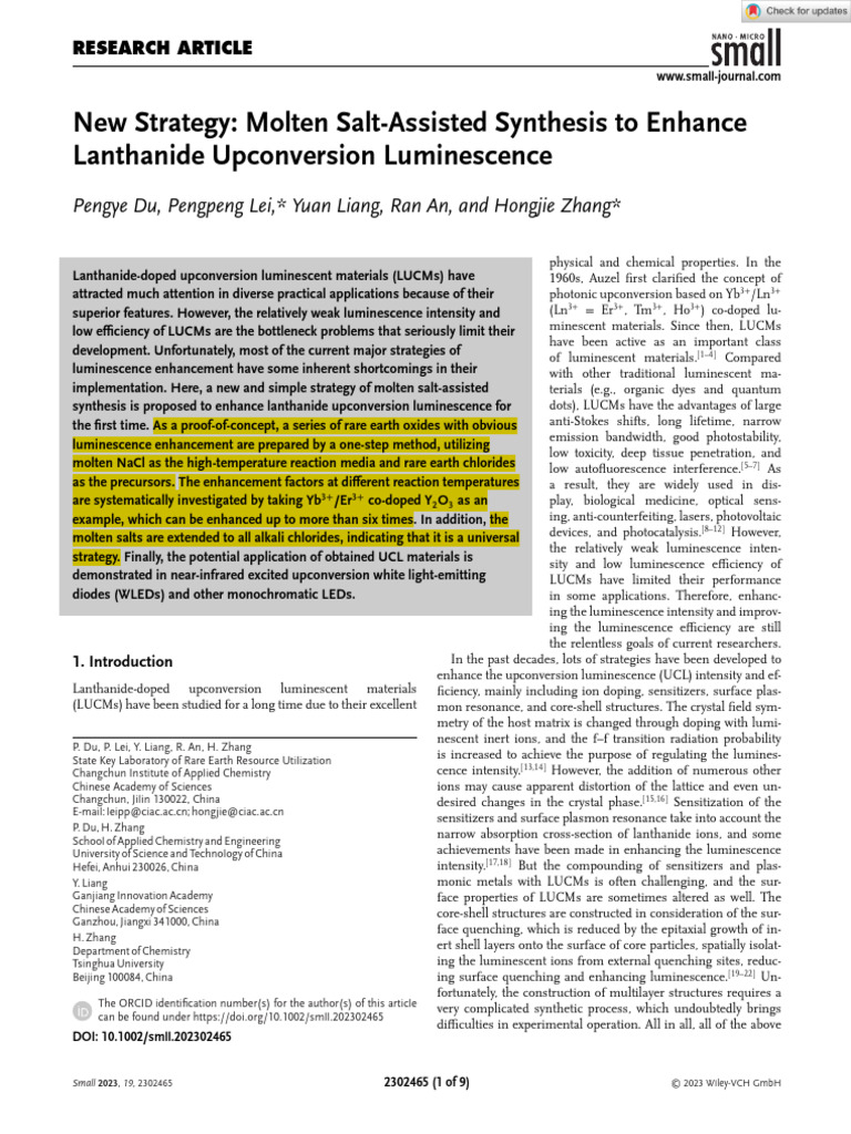 Small - 2023 - Du - New Strategy Molten Salt Assisted Synthesis To Enhance Lanthanide ...