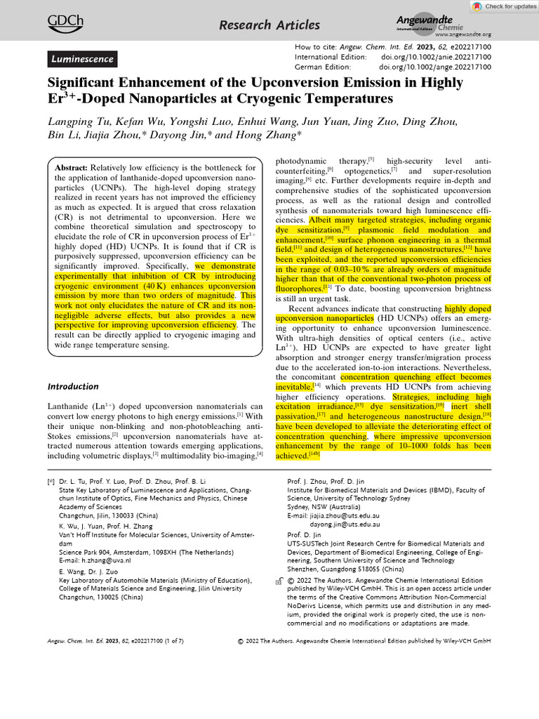 Angew Chem Int Ed - 2022 - Tu - Significant Enhancement of The Upconversion Emission in Highly ...