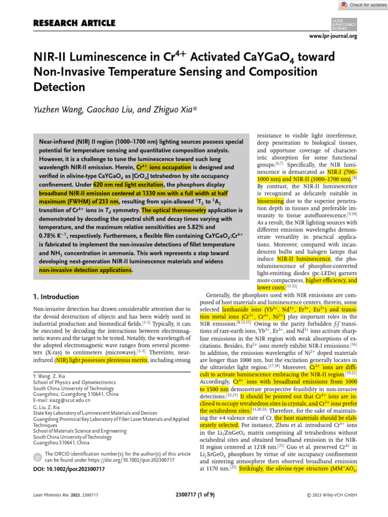Laser Photonics Reviews - 2023 - Wang - NIR II Luminescence in Cr4 ...